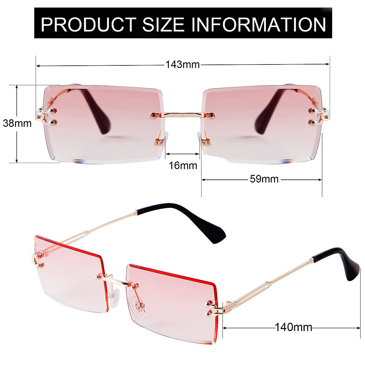 SORVINO Rimless Rectangle Sunglasses for Women Men Trendy Fashion Sheer Pink,Blue Tinted Lens Frameless Glasses