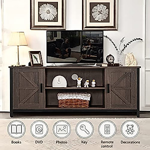 WEENFON Farmhouse TV Stand for 55 Inch TV, TV Console with Storage Barn Doors,Entertainment Center for Living Room, Bedroom, TV Stand with Stable Metal Frame, Dark Brown