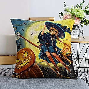 Witch Pumpkin Halloween Throw Pillow Covers 18×18 Pillowcases Set of 1 Cute Ghost Moon Linen Decorative Square Pillow Case Cushion Covers Standard Size for Sofa Couch Outdoor Bed Pillow Protectors