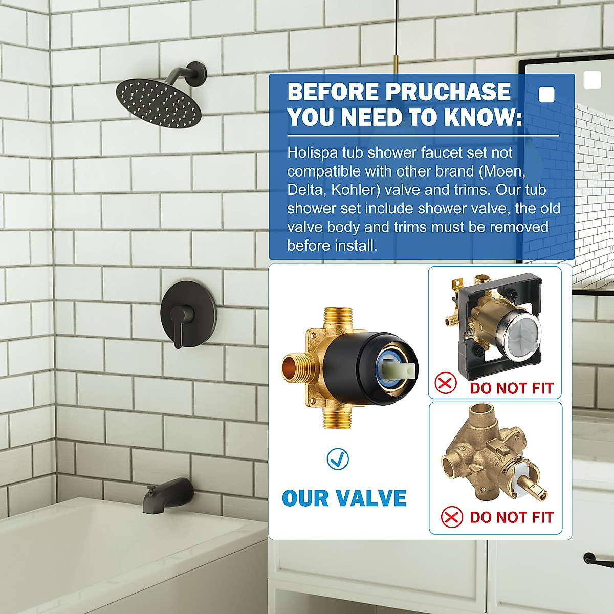 Holispa Tub Shower Faucet, Matte Black Shower Faucet Set with 8-Inch Rainfall Shower Head and Tub Spout, Shower Tub Faucet Set Complete (Included Shower Valve), Tub Shower Trim Kit, Matte Black