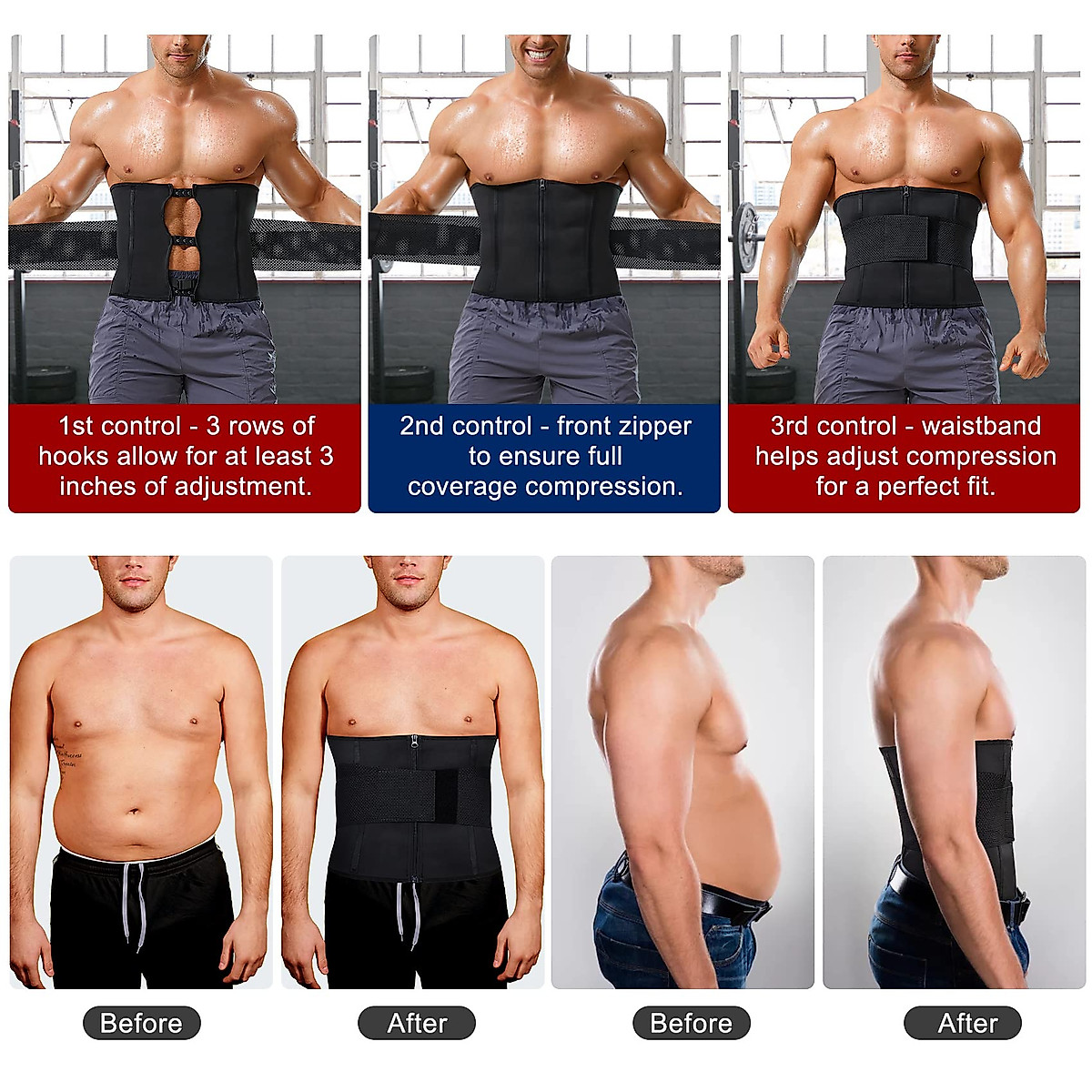 MOLUTAN Waist Trainer for Men Waist Trimmer with Adjustable Sweat Belt Back Support Corset Compression Girdle Sauna Suits Black