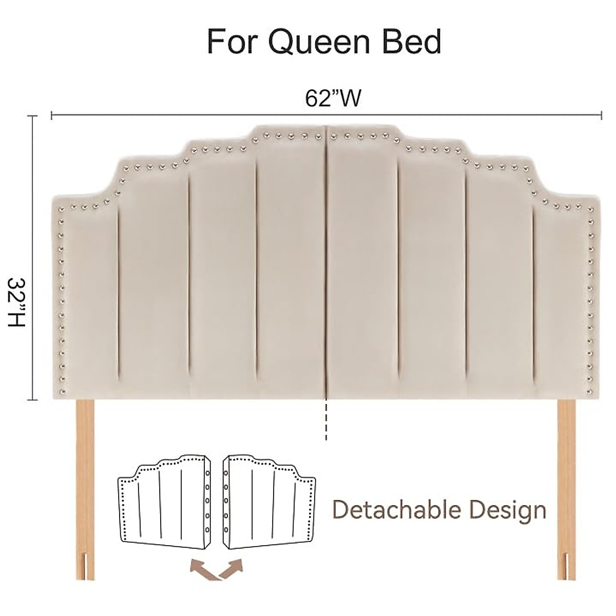 Kingfun Mid Century Headboard for Queen Size Bed,Velvet Upholstered Tufted Bed Headboard with Nailhead Decor,Adjustable Curved Solid Wood Head Board Vertical Channel Design (Medium Beige)