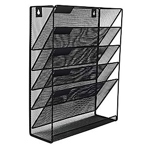 EasyPAG File Organizer Mesh 5 Tier Vertical Hanging Wall File Holder with Bottom Flat Tray ,Black