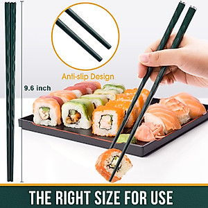 GLAMFIELDS 5 Pairs Chopsticks Reusable, Premium Fiberglass Chop sticks Dishwasher Safe for Sushi Ramen, Non-slip, 9 1/2 inches - Gift Set Green with Silver Plated