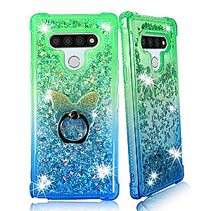 Zase Design Case for LG K51/LG Reflect Clear Case Liquid Glitter Sparkle Bling Protective Cover 3D Floating Butterflies Waterfall Quicksand Shockproof w/Phone Ring (Gradient Green Blue)