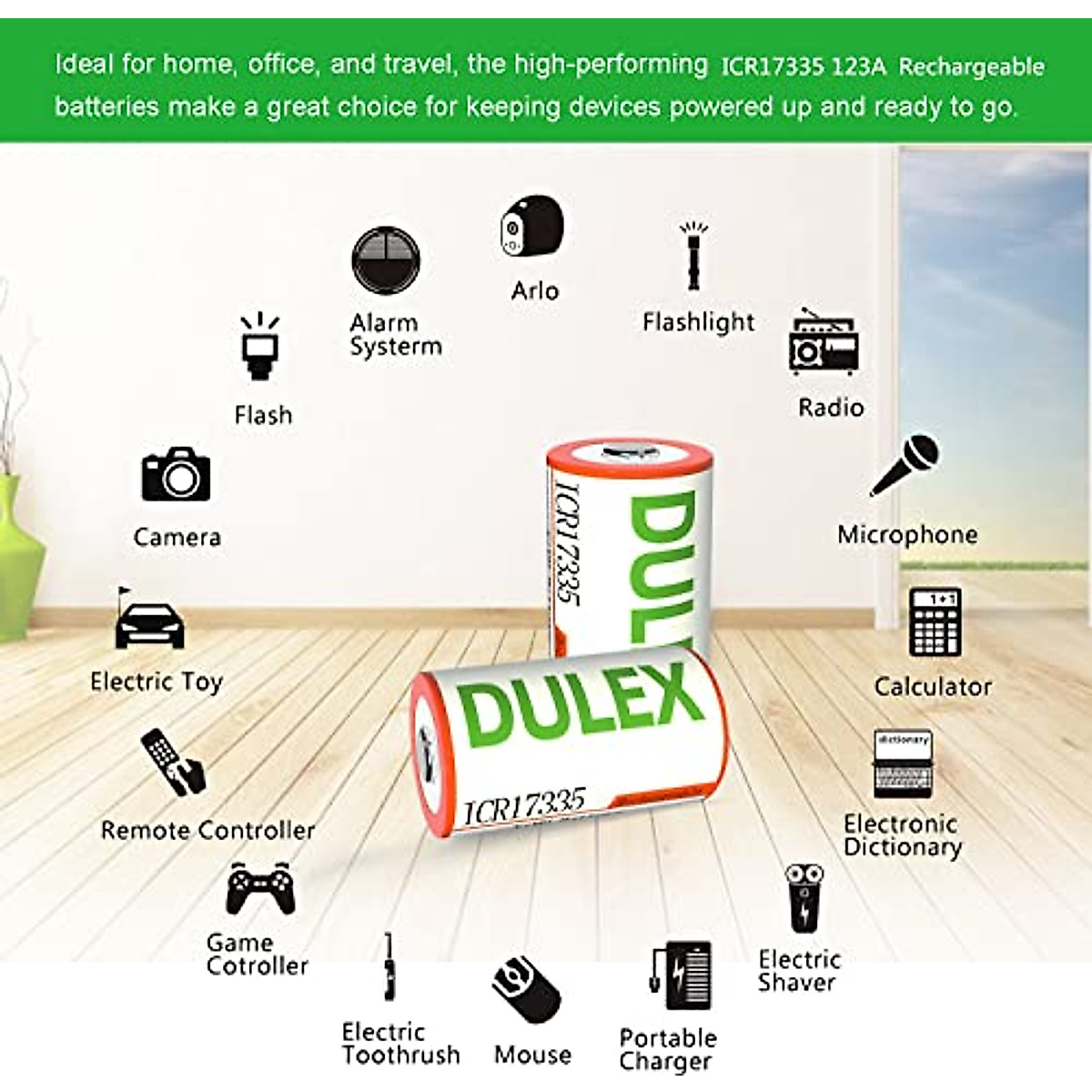 DULEX Arlo Rechargeable Bateries 123A, 800mAH ICR17335 NiMH Bateries Replacement CR123A for Arlo VMS3130 VMC3030 3200 3330 3430 3530 Security Cameras, Alarm System, Flashlight