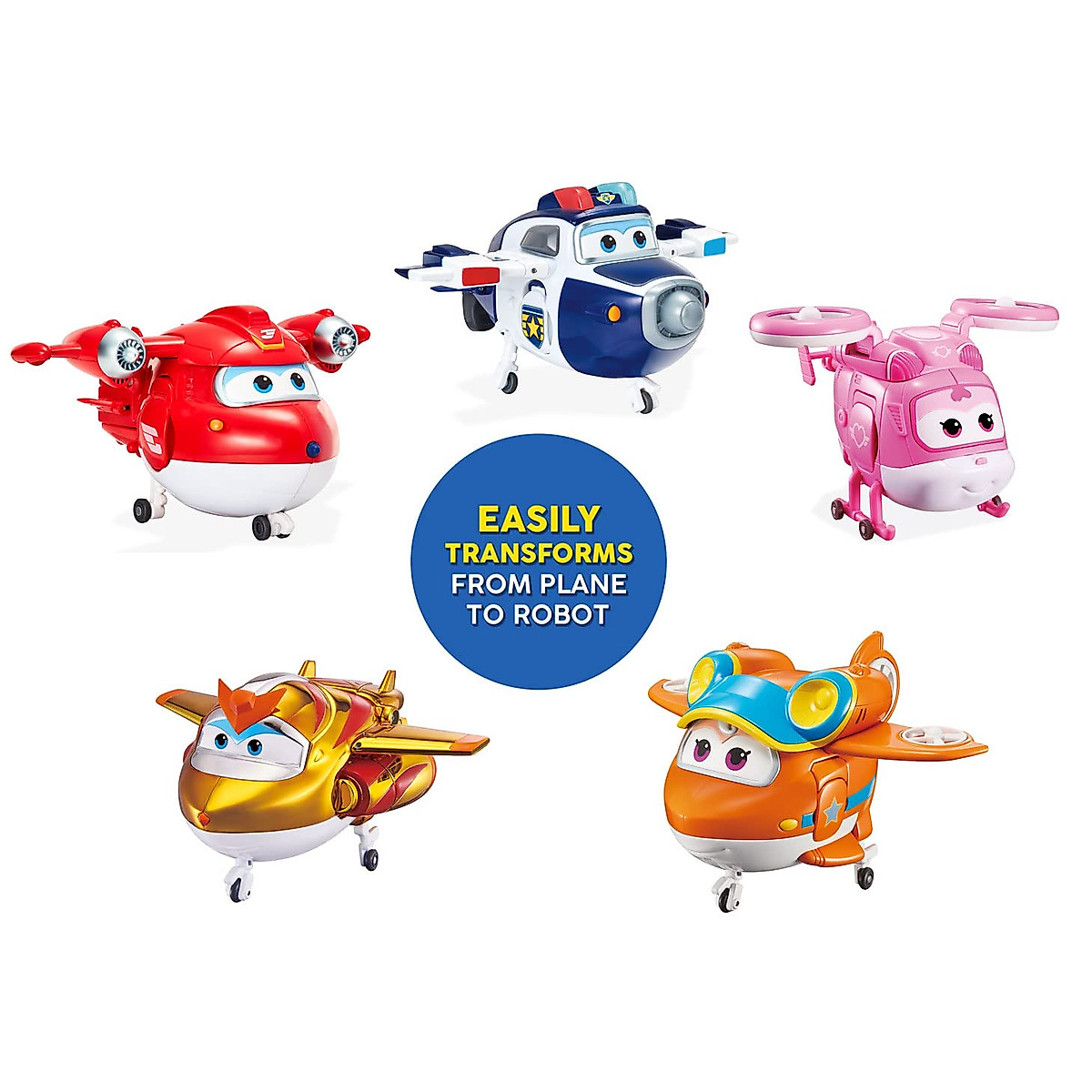 Super Wings 5" Transforming Toys 5-Pack, Supercharged Jett, Supercharged Paul, Supercharged Dizzy, Golden Boy & Sunny Airplane Toys Action Figures, Preschool Toy Plane for 3 4 5 Year Old Kids