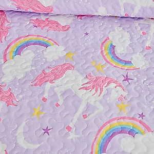 Girls Quilt Bedding Twin Size Bedspread Unicorn Bedding Kids Quilt Bedspread Twin Quilts Girls Bed Set Lightweight Reversible Quilt Girls Bedspread Coverlet Purple Rainbow Unicorn Animal Quilts