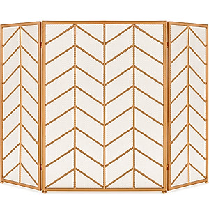 Best Choice Products 52x31in 3 Panel Chevron Fireplace Screen, Mid Century Modern Wrought Iron Hand Crafted Fire Place Guard for Living Room Home Decor, Steel Mesh - Gold