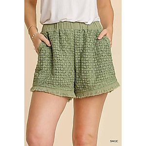 Umgee Linen Blend Crochet Elastic Waistband Shorts Sage