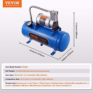 VEVOR 12V Air Compressor with Tank 1.6 Gallon/6 L, Train Horn Air Compressor, 120 psi Working Pressure Onboard Air Compressor System for Train Air Horns, Inflating Tires, Air Mattresses