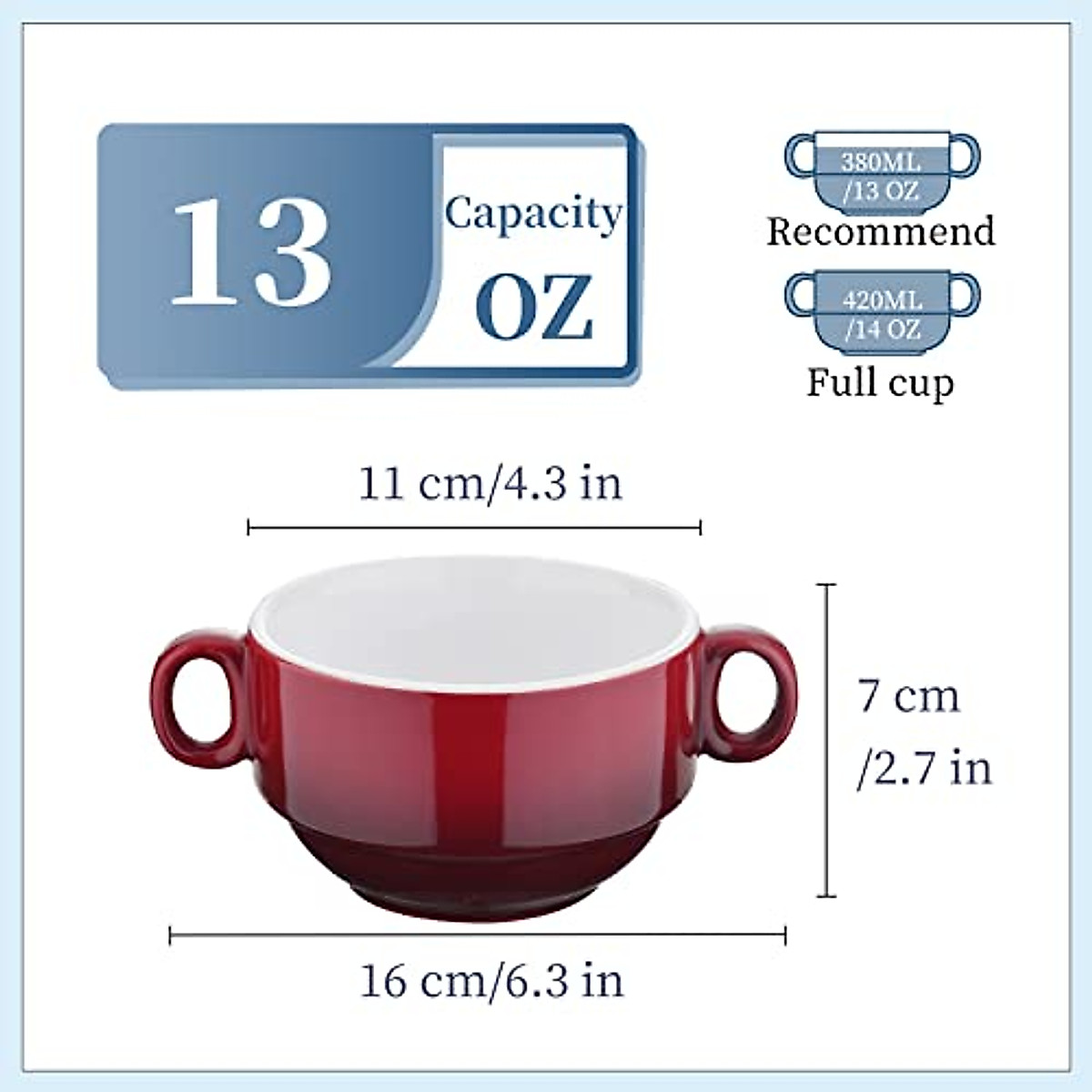 LOVECASA Multi-Color 13 OZ Soup Bowls with Handles, Ceramic French Onion Soup Bowls, Soup Mugs Serving Bowls for Kitchen, Microwave & Dishwasher Safe, Set of 6