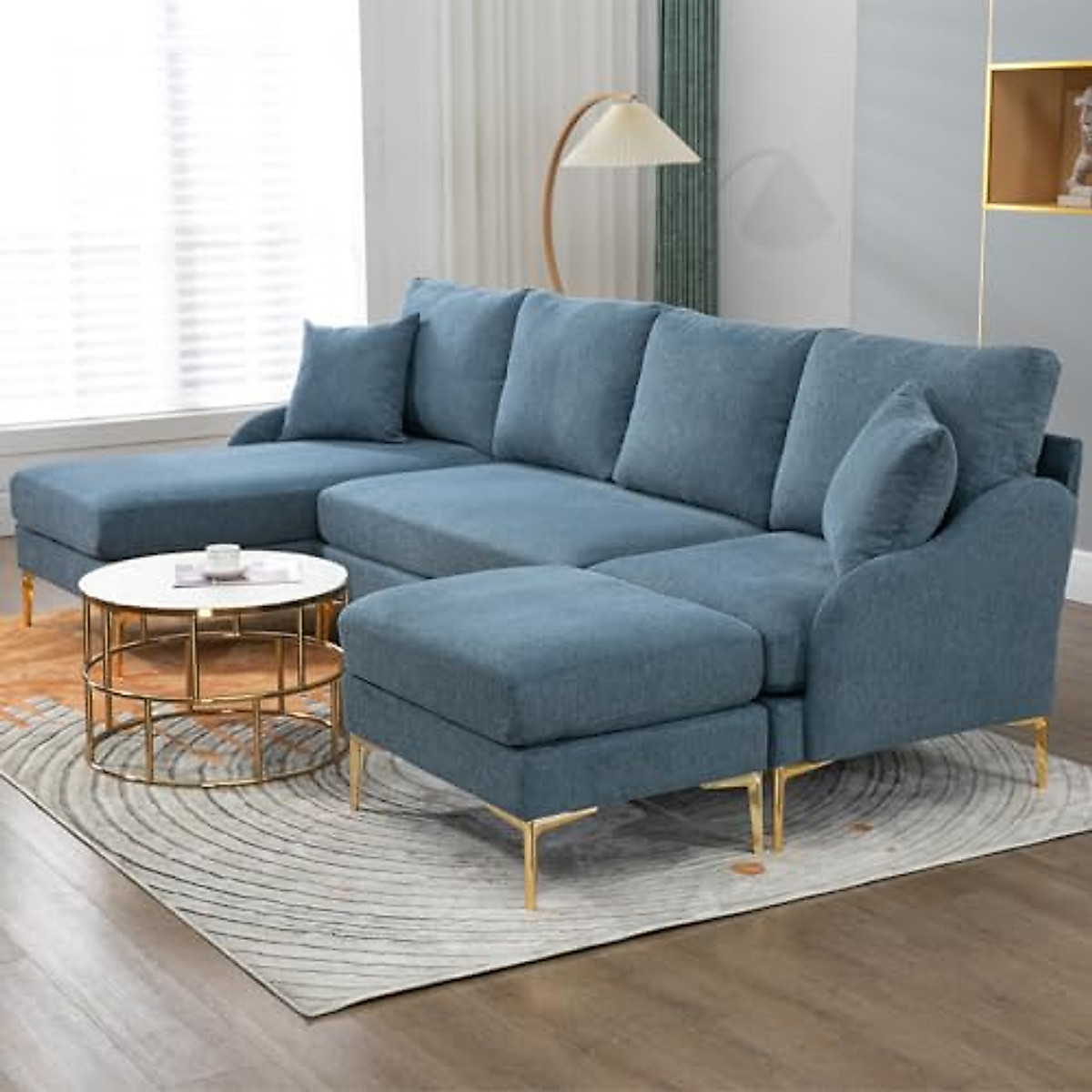 Modern 110'' W U-Shape Sectional Sofa, 4-Seat Sofa Couch with Chaise Lounge and Ottoman, Reversible Left or Right Chaise, Modular Sofa with Golden Metal Legs for Living Room Apartment Office,Blue