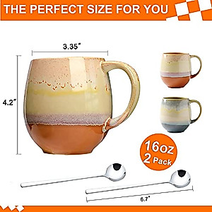Large Coffee Mugs 16 oz for Men/Women, Vivimme Coffee Mug Set with Spoons, 2-Pack Ceramic Tea Mug for Soup, Hot Cocoa, Funny Tea Cups for Office and Home, Coffee Mugs for Couples, Engagement Gifts