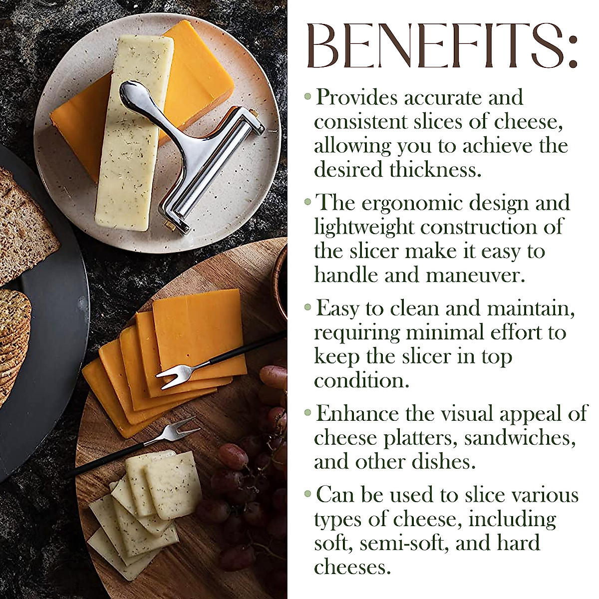 Bellemain Stainless Steel Wire Cheese Slicer - Hand Held Cheese Cutter for Cheddar, Gruyere, Raclette, Mozzarella Cheese Block, Adjustable Cheese Shaver, Thick & Thin Slicer, Cheese Curler (Silver)