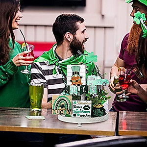 Glenmal 1 Set St. Patrick's Day Tiered Tray Decor Set Rustic Farmhouse Wood Sign Lucky Sign Shamrock Gnomes Wooden Tier Tray Decor Items for St. Patrick Irish Party