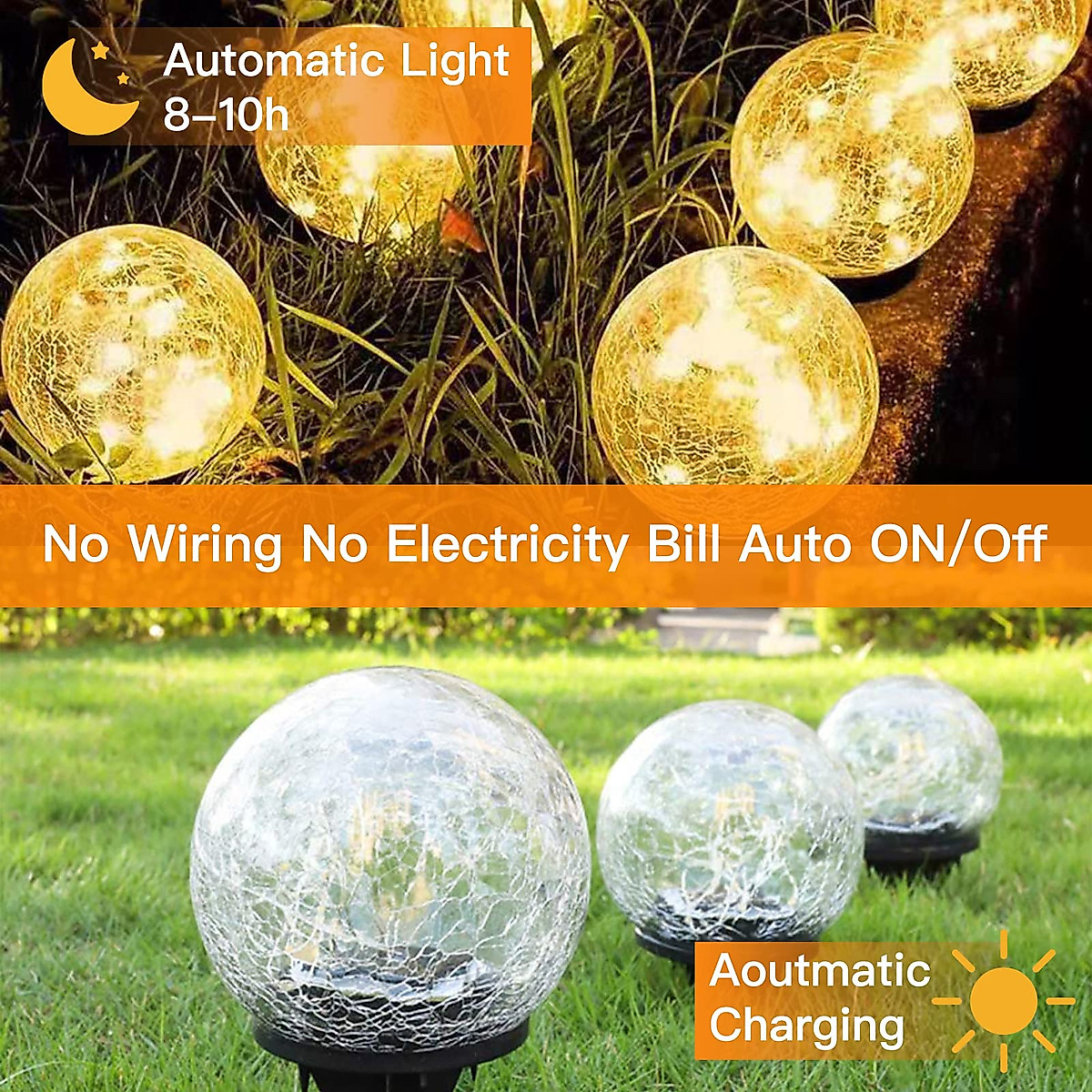 Solar Lights Garden Outdoor,Cracked Glass Ball Waterproof Warm White LED Gifts for Garden Decoration Balcony Patio Walkway Landscape 1 Globe (3.93")