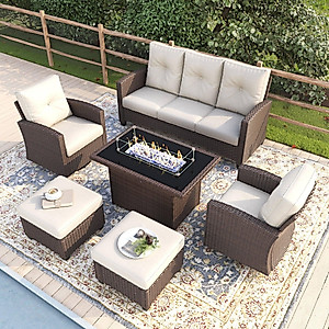 Vakollia 6 Pieces Patio Furniture Swivel Chairs Set with Fire Pit Table, Outdoor Wicker Glider Rocking Chairs with Sofa Set