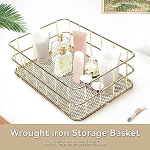 Desktop Metal Storage Basket, Gold Grid Storage Tray Net Basket Storage Bins Fruit Basket Home Decoration Ornaments(S)