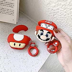 ZAHIUS Airpods Silicone Case Funny Cover Compatible for Apple Airpods 1&2 [Cartoon Pattern][Best Gift for Girl Boy](2PACK Super Mario/Super Mushroom)