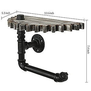 MyGift Wall Mounted Torched Wood Small Floating Shelf with Steampunk Gear Design and Realistic Industrial Metal Pipe Wall Bracket, Hanging Display Shelf Rack