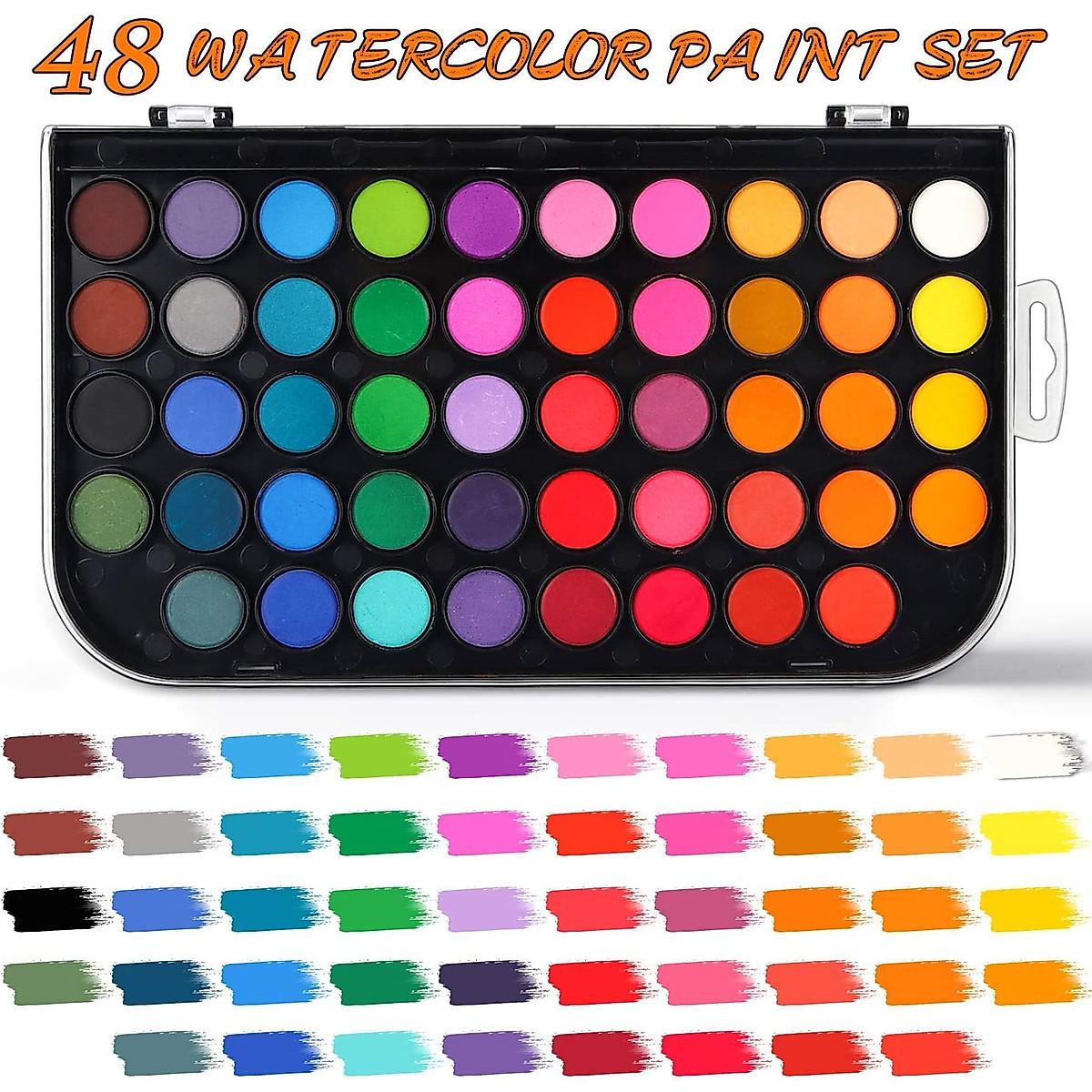 48-Color Watercolor Paint Set With Brush, Refillable Water Brush Pen, Palette, and Water-Washable Paints for Kids, Adults and Artists