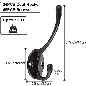 LANIAKEA 24PCS Coat Hooks, Heavy Duty Coat Hooks Wall Mounted with 48 Screws, Coat Hanger Hooks for Wall, Hanging, Coats, Towel, Bag, Cap, Scarf, Hat, Key, Black