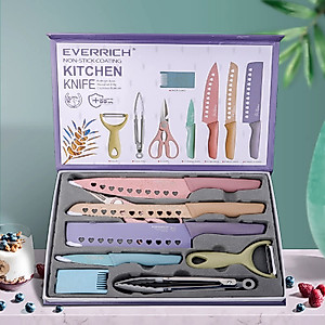 Cloverpeia 8 PCS Knife Set, Professional Chef's Colorful Kitchen Knife Set, Newest Heart-shaped Hollow Non-Stick Multifunctional Knives Set