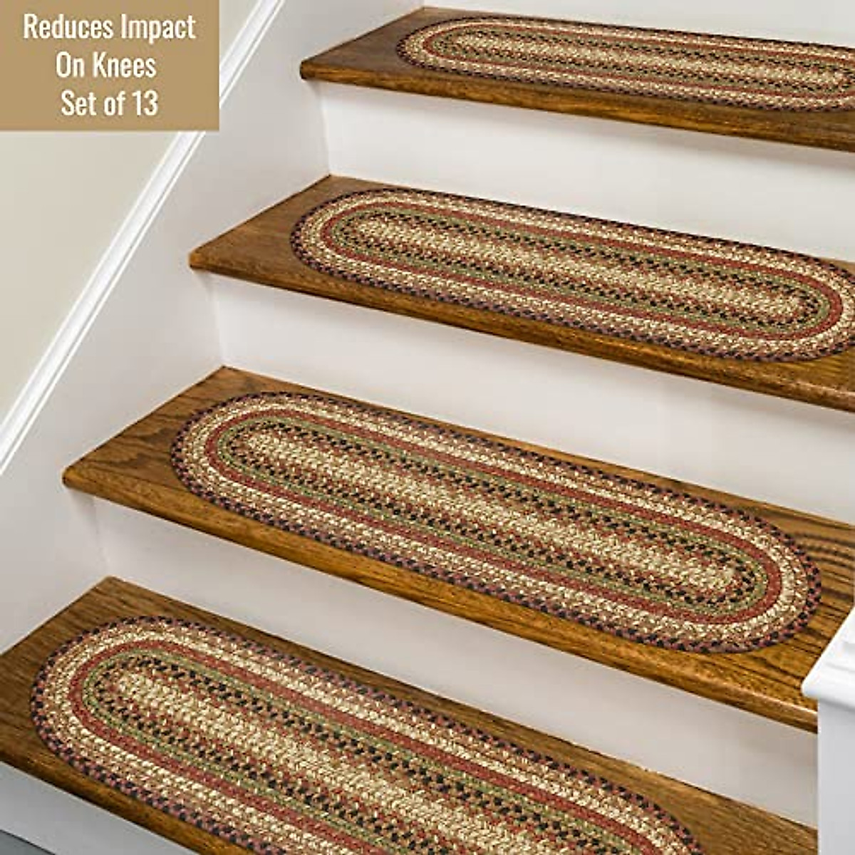 Homespice Gingerbread Premium Jute Braided Stair Tread 8" x 28" (Set of 13) Oval Multi Color Reversible, Natural Jute Yarn Rustic, Country, Primitive, Farmhouse Style - 30 Day Risk Free Purchase