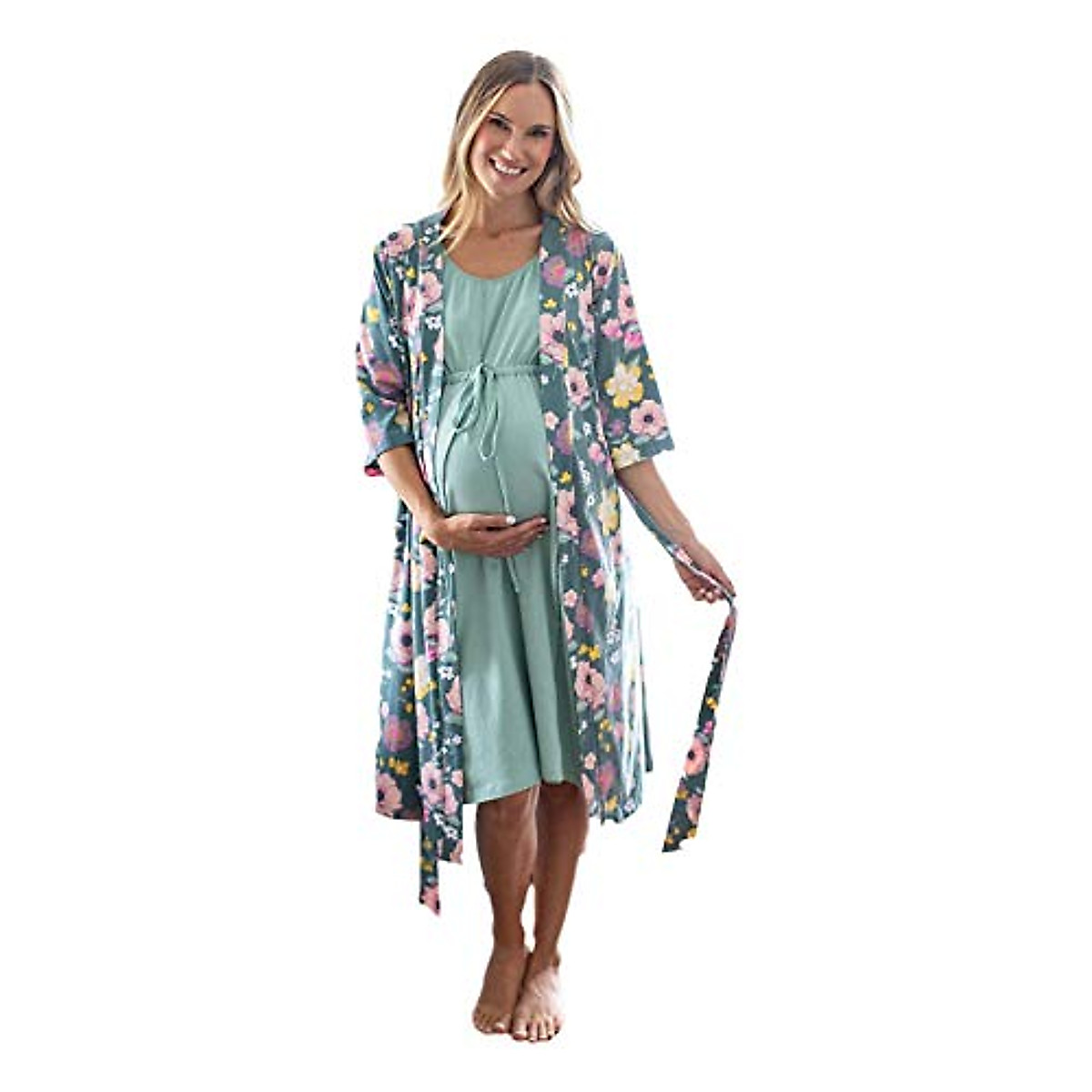 3 in 1 Maternity Labor Delivery Nursing Hospital Birthing Gown & Matching Robe (L/XL pre pregnancy 12-20, Charlotte/Sage)