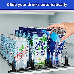 Puricon Drink Organizer for Fridge Pusher Glide, Spring Loaded Fridge Drink Dispenser, Self Pushing Soda Can Organizer for Refrigerator, Beer Bottle Beverage Organizer Drink Holder -3 Rows, Black