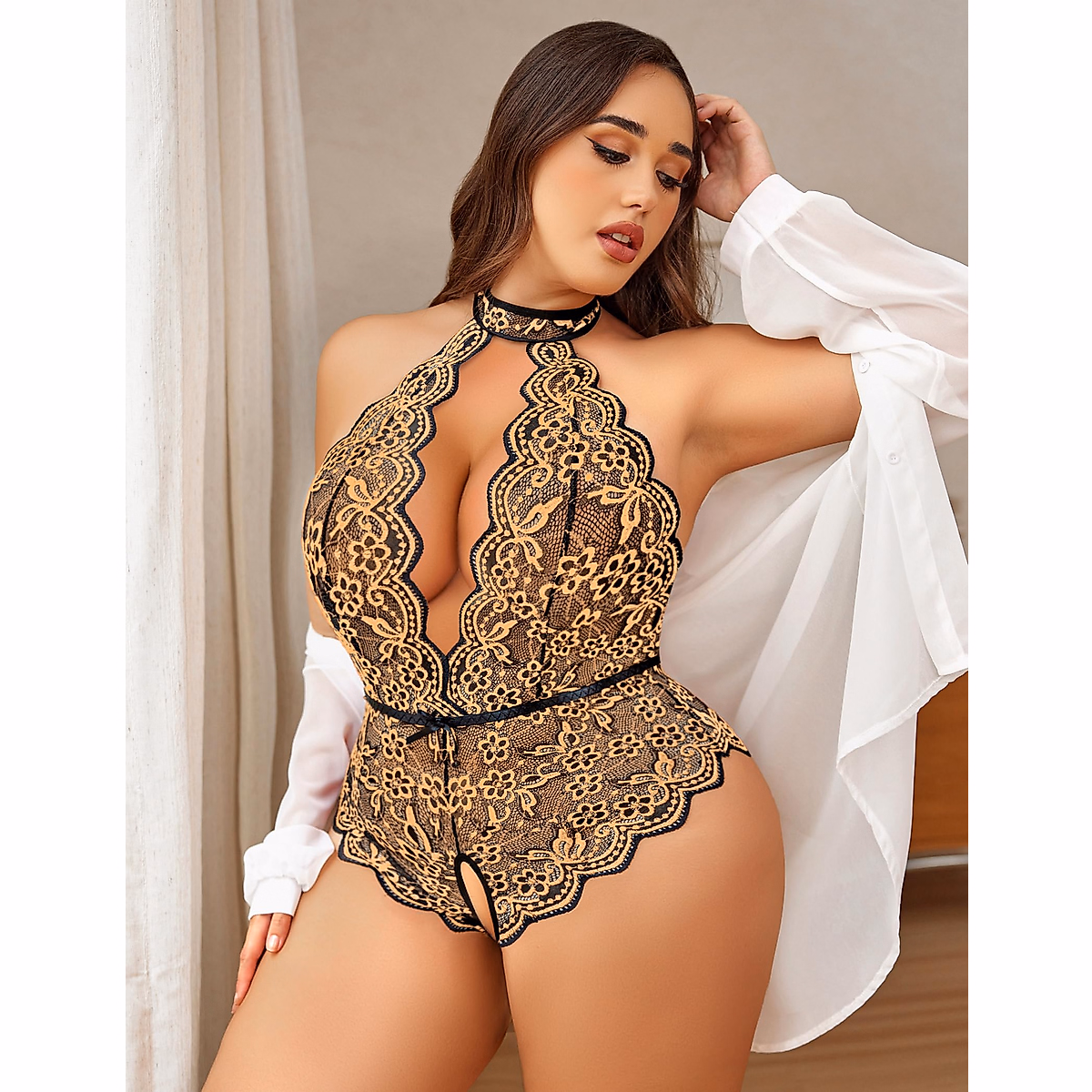 Avidlove Plus Size Lingerie for Women Halter Lace Bodysuit V Neck Teddy Babydoll Black&Skin 16 Plus