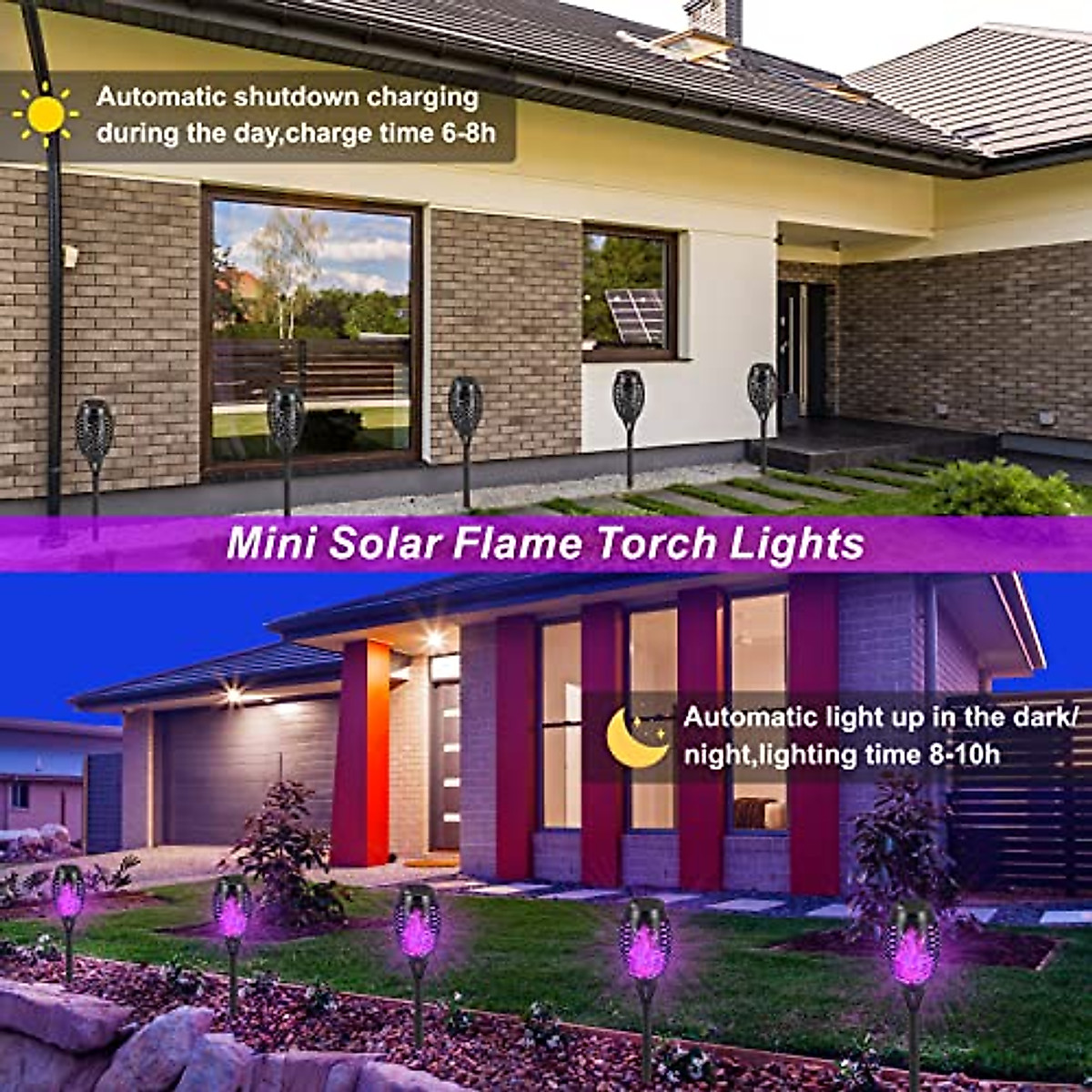 Upgrade Solar Lights Outdoor Waterproof,4 Pack Solar Outdoor Torches Lights with Flickering Flame Mini Solar Landscape Decoration Lighting Auto On/Off Pathway Lights for Garden Yard Patio (Purple)