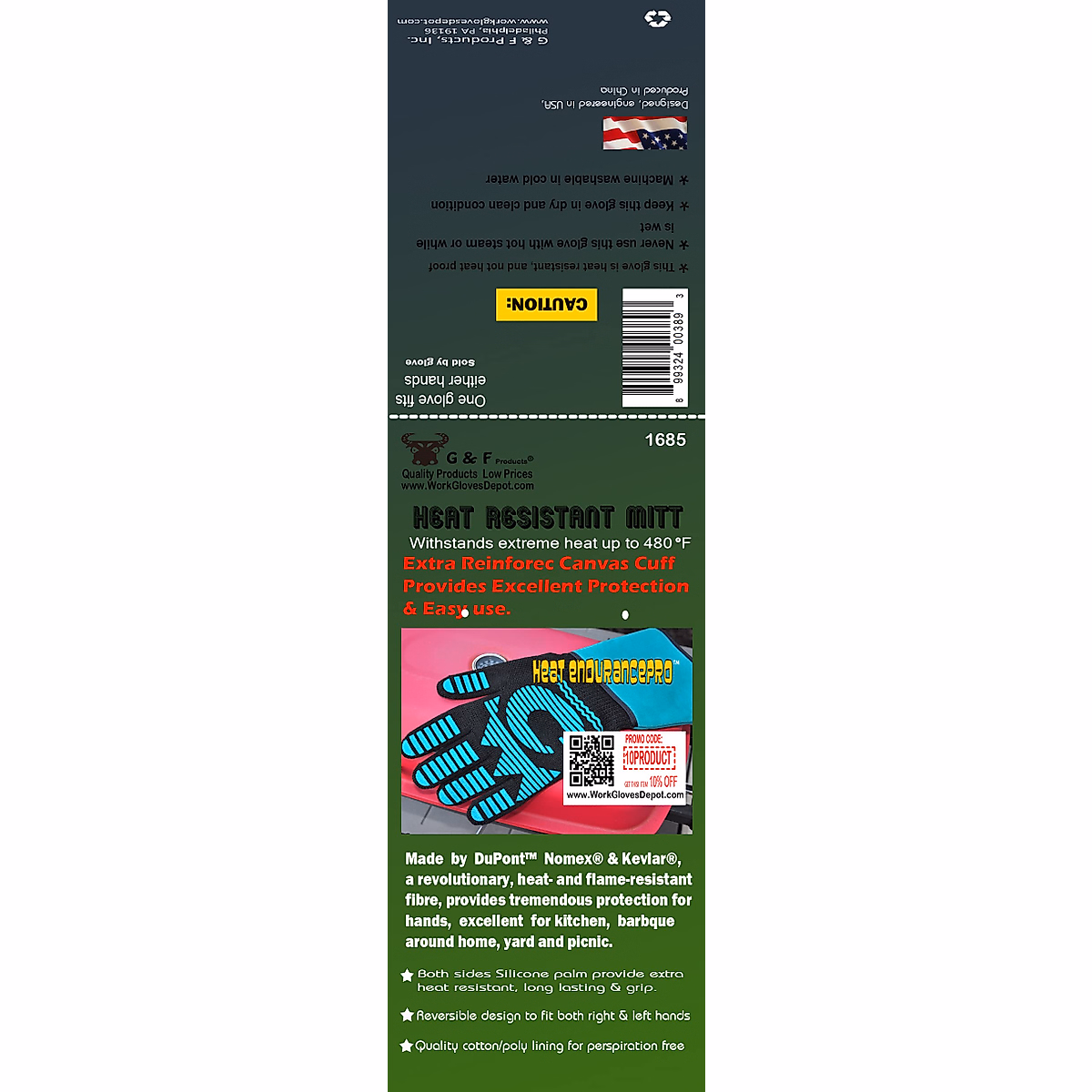 G & F 1685 1 Piece Heat Resistant BBQ Grilling Cooking Glove Mitt with Easy Slip on and off cuff, extra long and wide