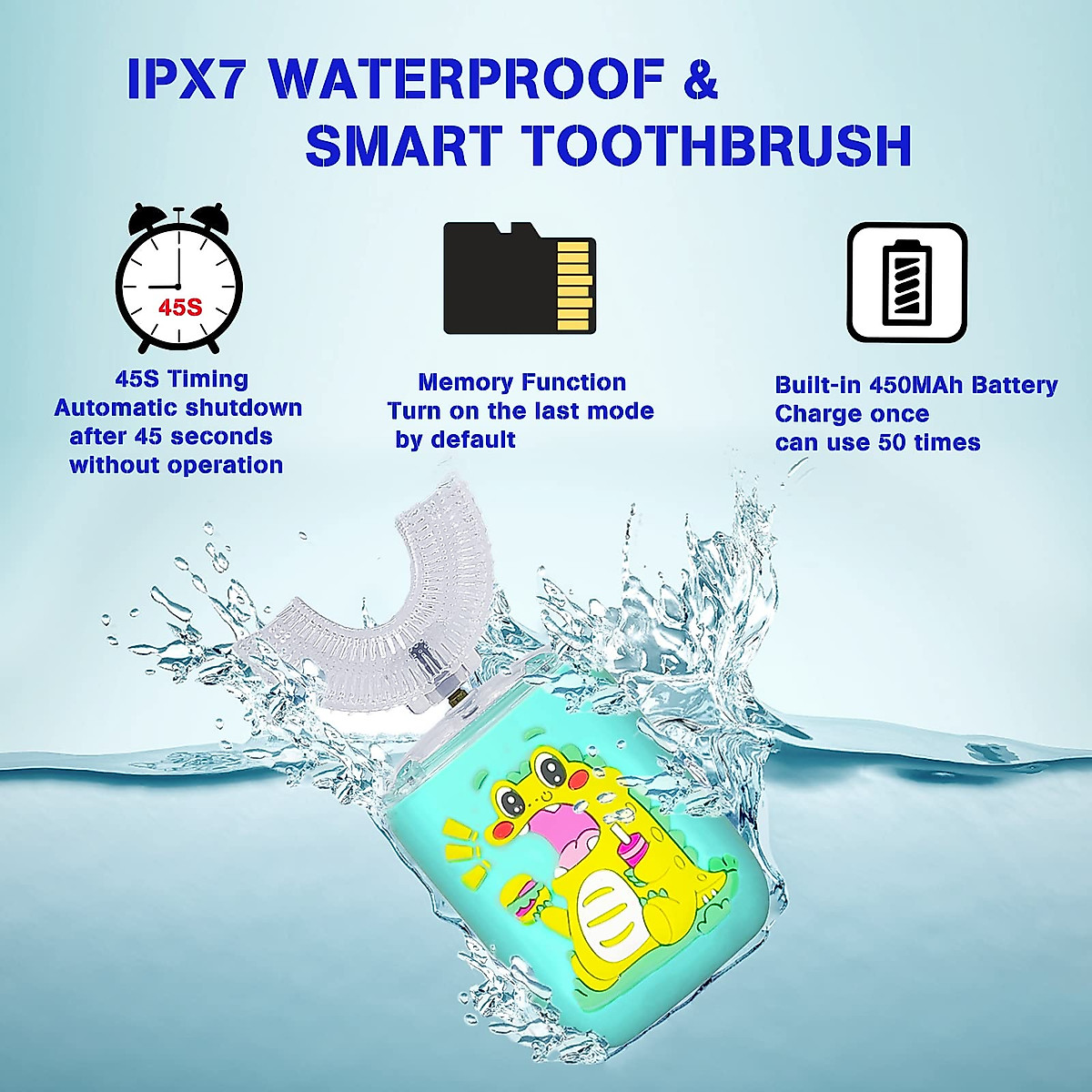 BLEBLE Kids Toothbrush Electric, Ultrasonic U Shaped Automatic Toothbrush with 4 Brush Heads 6 Cleaning Modes, IPX7 Waterproof Toothbrush Suitable for 2-12 Year-Old Children (Yellow)