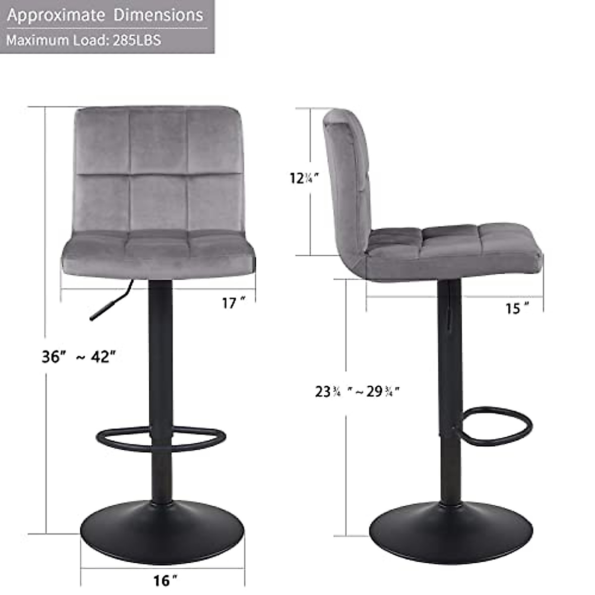 DUHOME Set of 2 Adjustable Swivel Velvet Bar Stool Chairs Counter Stools, Breakfast Chairs Grey