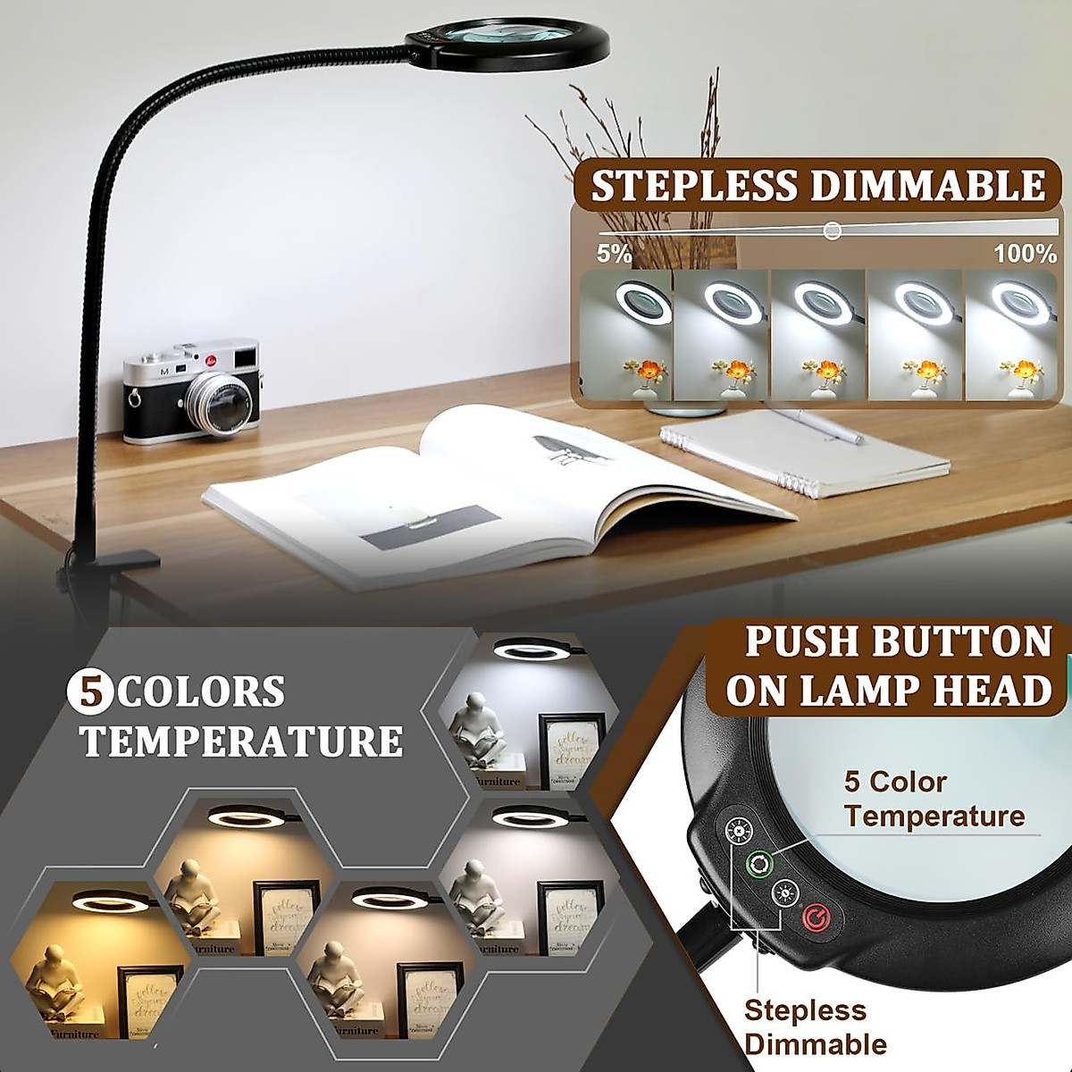 VEEMAGNI 23" Magnifying Glass with Light and Clamp, 5 Color Modes Stepless Dimmable LED Gooseneck Desk Lamp, 5X Real Glass Table Lighted Magnifier Hands Free for Craft Painting Close Work Hobby Sewing