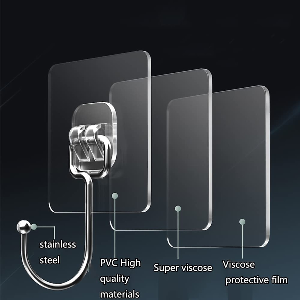 BAIEUEJO 20 Pieces Transparent Adhesive Hooks, No Drilling Adhesive Hooks, Stainless Wall Hooks, Waterproof Self-Adhesive Hook for Bathrooms/Kitchens/Ceilings (Maximum Load of 20 kg)