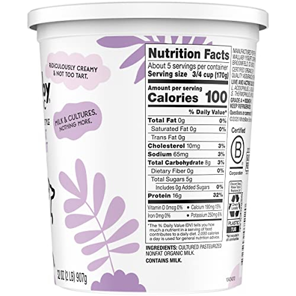 Wallaby Organic Aussie Greek Nonfat Yogurt, Plain, 32 oz. USDA Organic