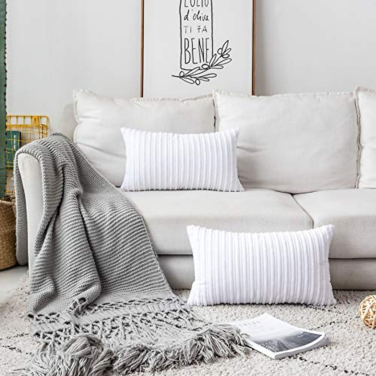 UGASA Velvet Pillow Covers Striped, Decorative Throw Cushion Case with Hidden Zipper for Home Couch/Bedroom/Car, Soft Cozy Solid Oblong, 1 Piece (12"x20", Pure White)