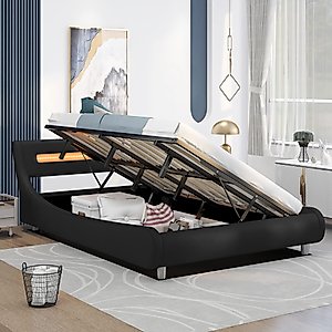 RUNWON Full Size Modern LED Upholstered Platform Bed Frame with Headboard Like Low Profile and Underneath Storage Space for Kids Adults,Easy Assembly