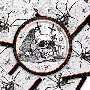 Gatherfun Spider Webs Halloween Party Supplies - Featuring Skull & Spider Themes, All-inclusive Wicked Web Paper Plates and Napkins. Ideal for Halloween Party Decorations, Serve 50 Guests.