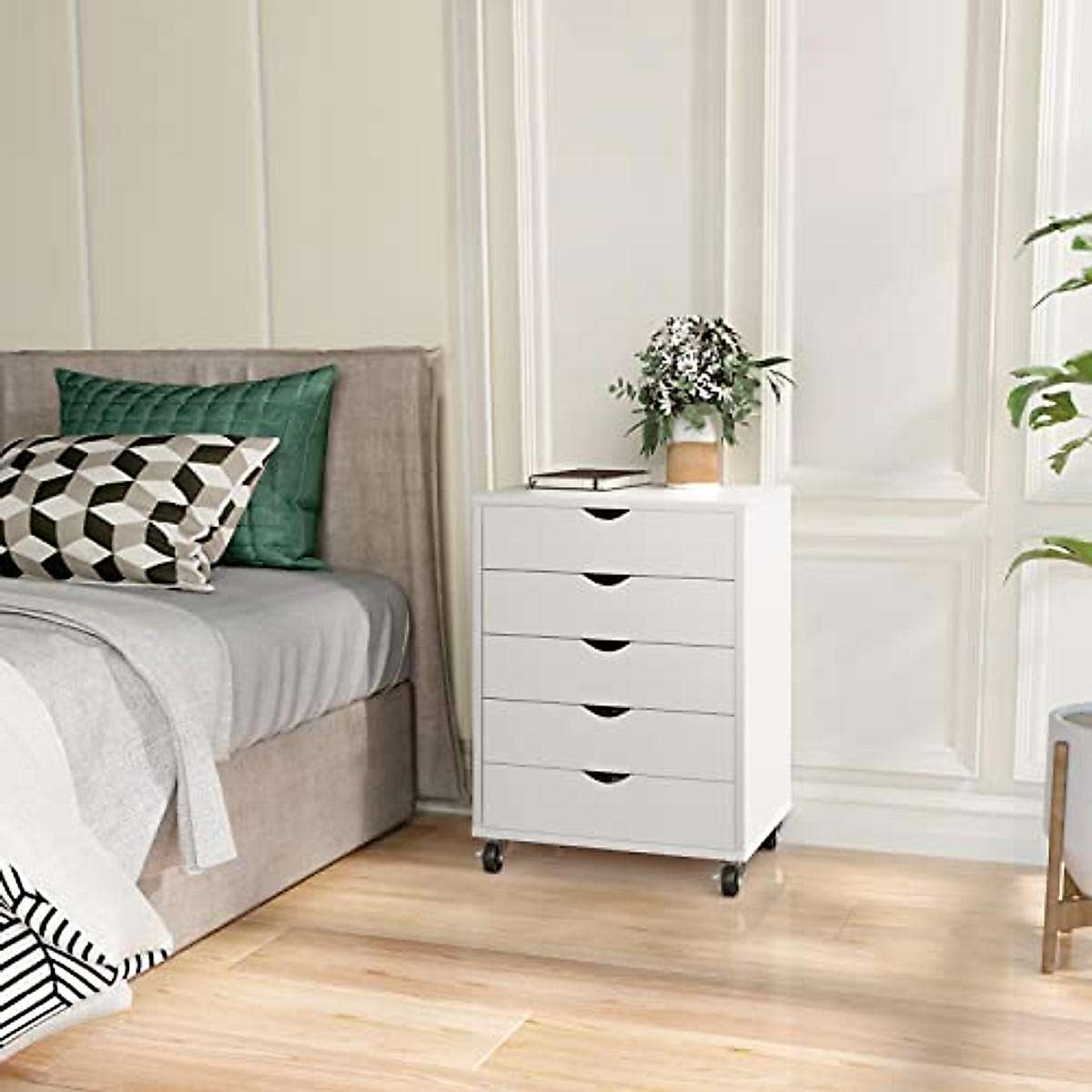 YITAHOME 5-Drawer Chest, Wood Storage Dresser Cabinet with Wheels, Dressers & Chests of Drawers, Mobile Storage Closet Organizer for Home, Office, Bedroom White