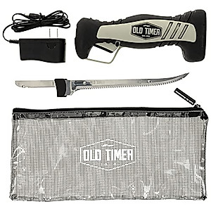 Old Timer Cordless Electric Fillet Knife with 8in Fully Serrated Stainless-Steel Blade, Trigger Lock, Rechargeable Battery, and Self Draining Case for Fishing, Meat Carving, Filleting, and Outdoors