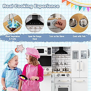 Costzon Kids Corner Kitchen Playset, 11-in-1 Wooden Play Kitchen Toy Set w/Realistic Washing Machine, Microwave, Oven, Stove, Refrigerator, Water Dispenser, Range Hood, Telephone, Utensils, Sink
