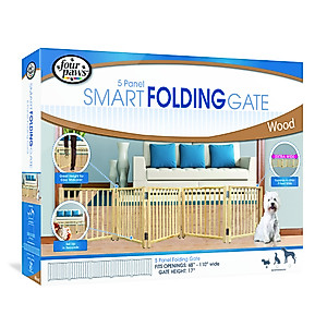 Four Paws Smart Folding Free Standing 5-Panel Wood Dog Gate, 48"-110" W by 17" H