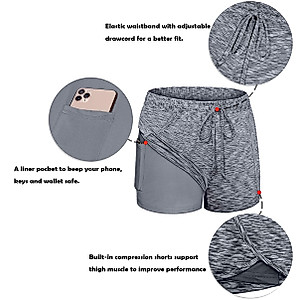 BLEVONH Shorts for Women Athletic,Stretchy Waistband Double Layers Yoga Athletic Short with Pocket Womens Lightweight Plus Sized Quick Dry Pickleball Workout Clothes Gray 2XL