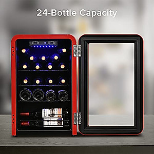 MAXTRAL Mini Wine Fridge, 24 Bottles Small Wine Fridge, Wine Fridge Freestanding, Wine Fridge Under Counter, Wine Bottle Cooler, Digital Temperature Control, UV-Protective (Red + Metal)