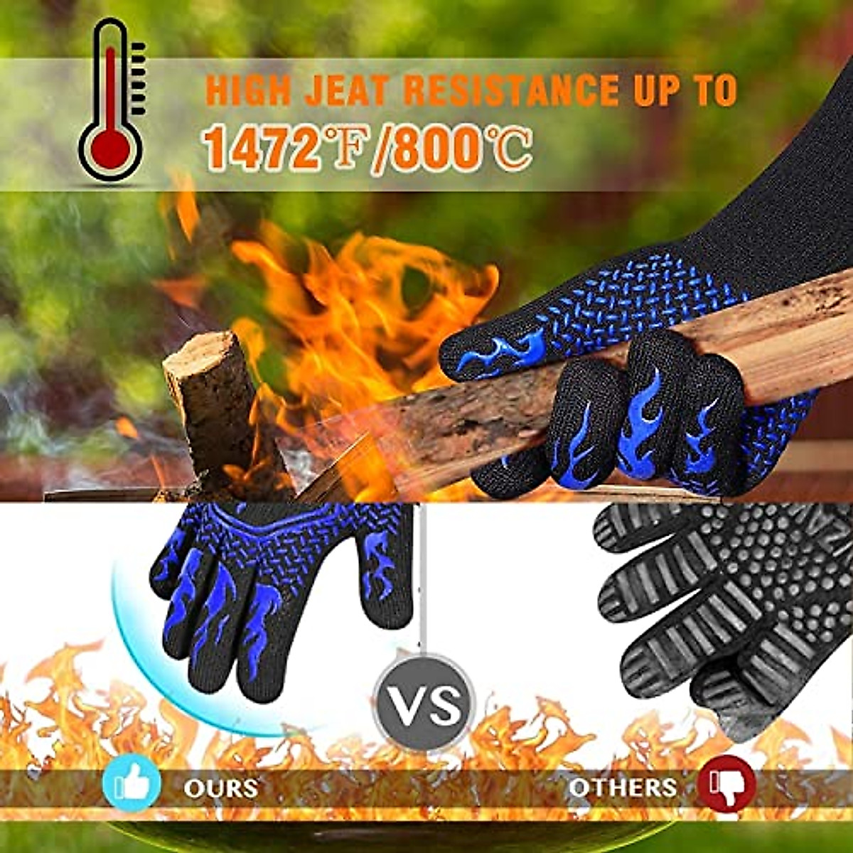 BBQ Fireproof Gloves - Grill Cut-Resistant Gloves 1472°F Extreme Heat Resistant, Silicone Non-Slip Oven Gloves for for Kitchen Garden BBQ Grilling and Outdoor Cooking Campfire