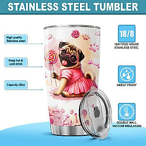 JENOIS Pug Dog Facts, Dog Mom Gifts, Women Mother Mama Handle Tumblers Best Mothers Insulated For Cups Coffee Funny Day, Tumbler 20 Oz With Lid And Straw